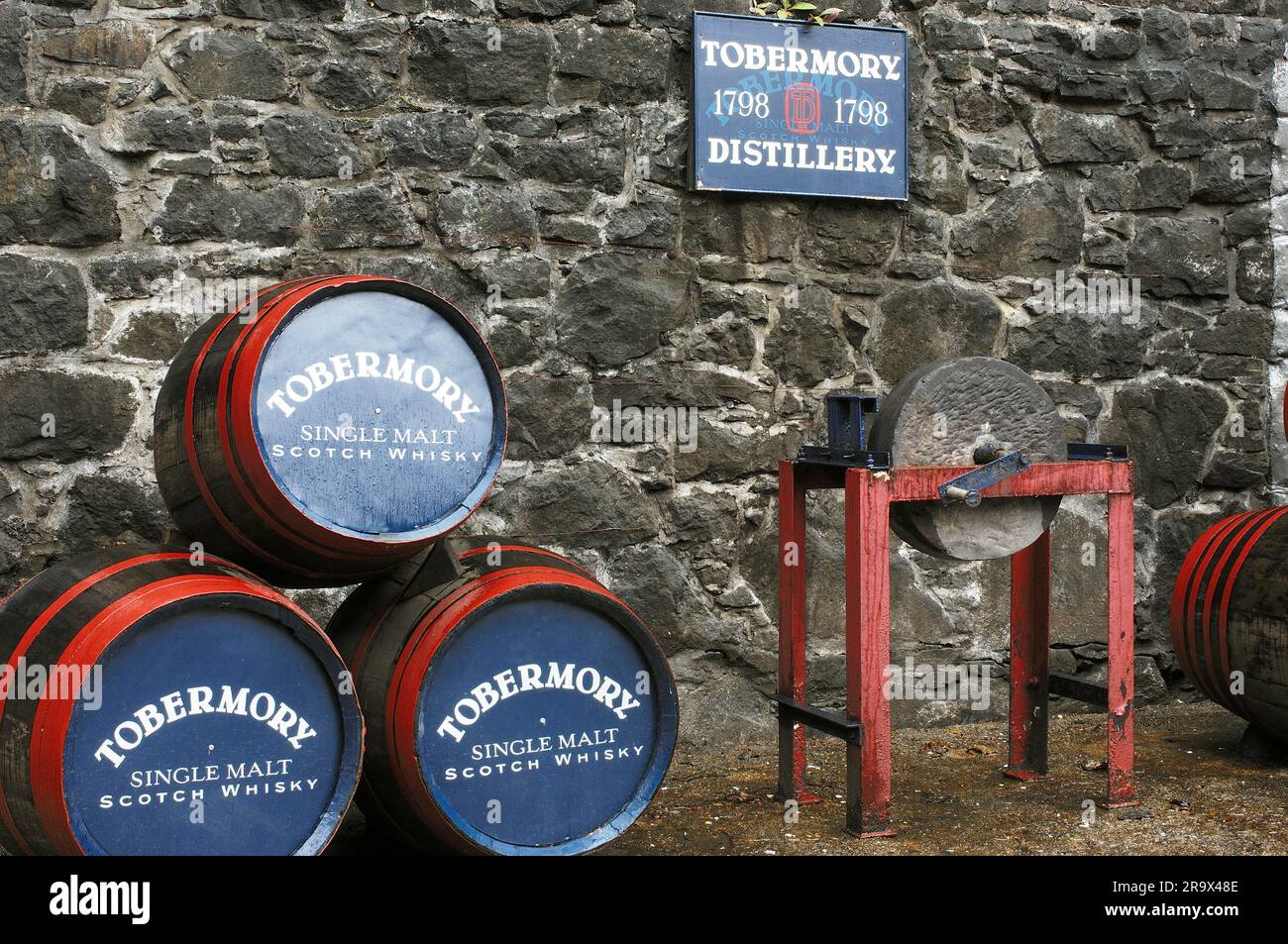 Casks, whisky distillery, founded 1798, fishing village of Tobermory ...