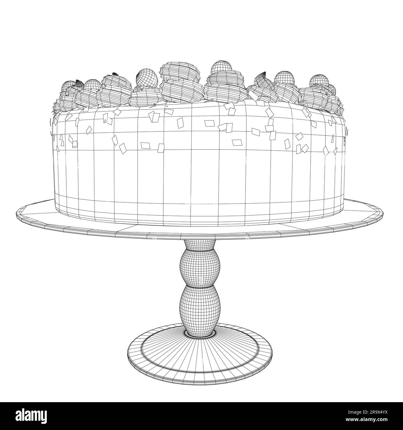 Wireframe cake. Birthday cake in contour line art drawing style ...