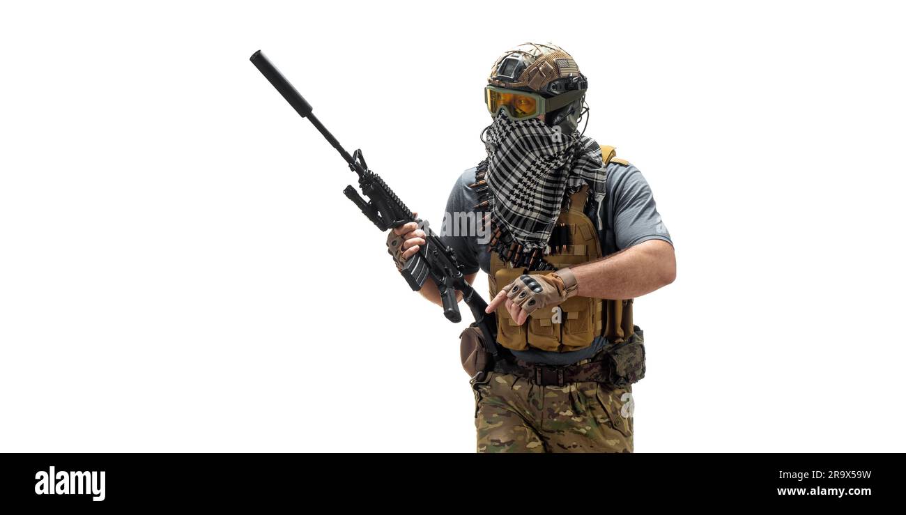 Special Mercenary soldier with an automatic rifle standing and looking ...