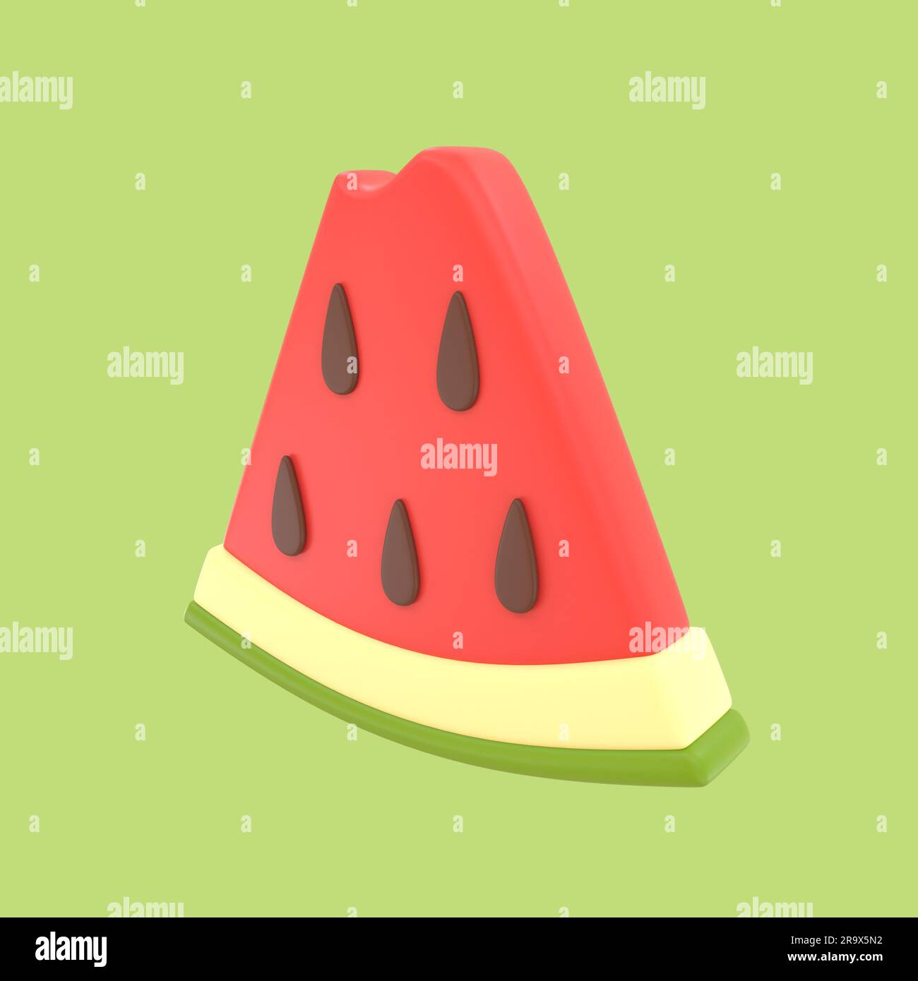 A cut triangular red watermelon slice with dark seeds on a green ...