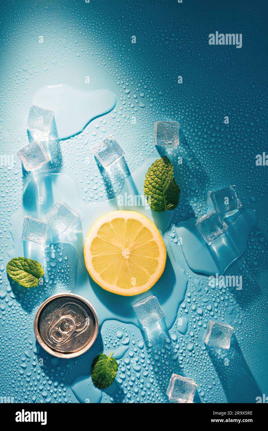 Creative summer composition with lemon slice, mint leaves, can of soda and ice cubes. Top down ...