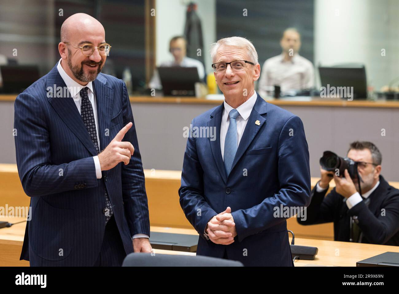 Bulgaria's Prime Minister Nikolai Denkov, right, speaks with European ...