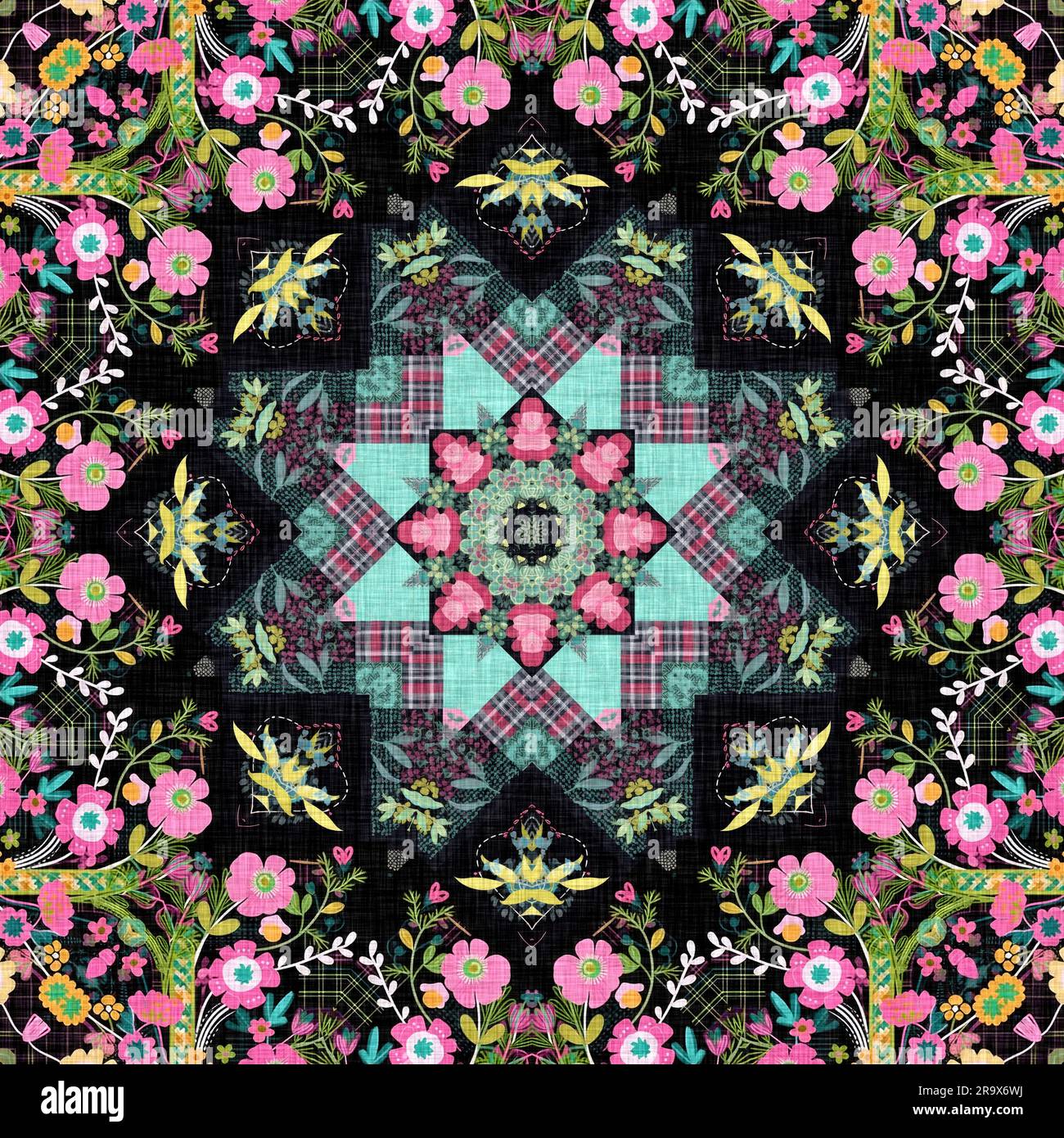 Boho patchwork flower pattern with a gypsy retro style. Repeatable ...