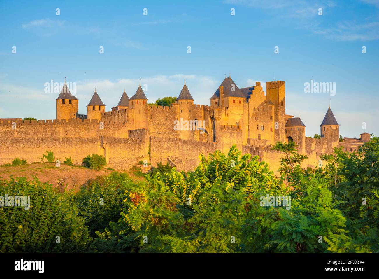 Medieval castle town of Carcassone at sunset, France Stock Photo - Alamy
