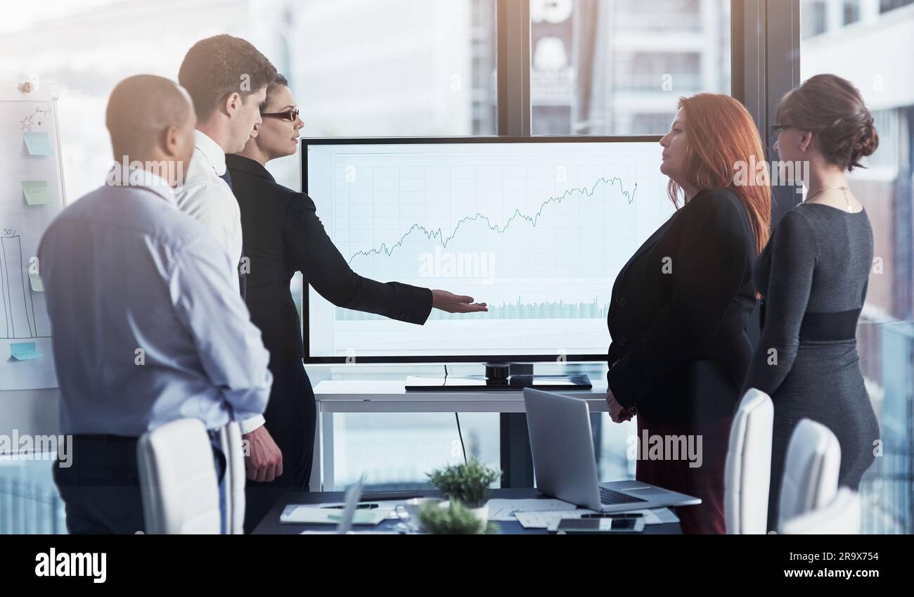 Leader, monitor or business people in a presentation for chart report ...