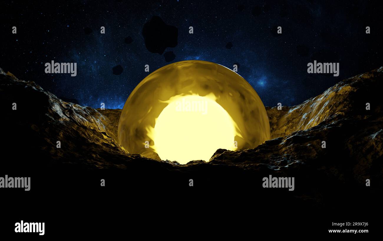 Magic glowing sphere in crater, core of earth. Ball lightning ...