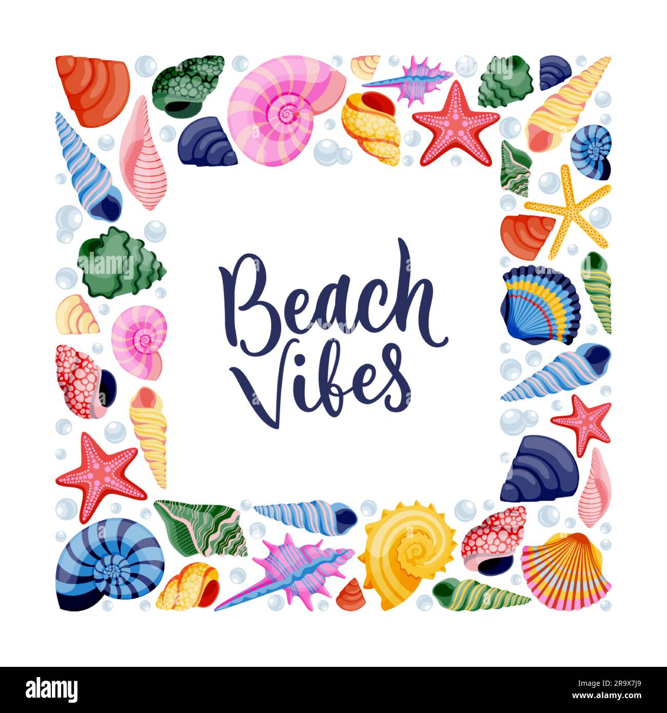 Seashells square frame isolated on white. Colorful summer travel ...