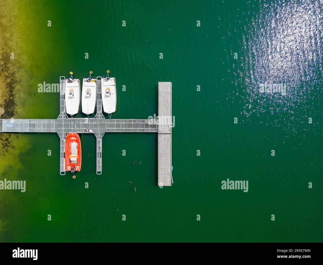 Aerial view of the sailing club. Aerial top-down view of docked ...