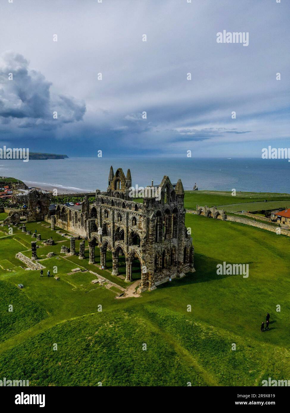 An aerial view of Whitby Abbey on a cloudy day. England, UK Stock Photo ...