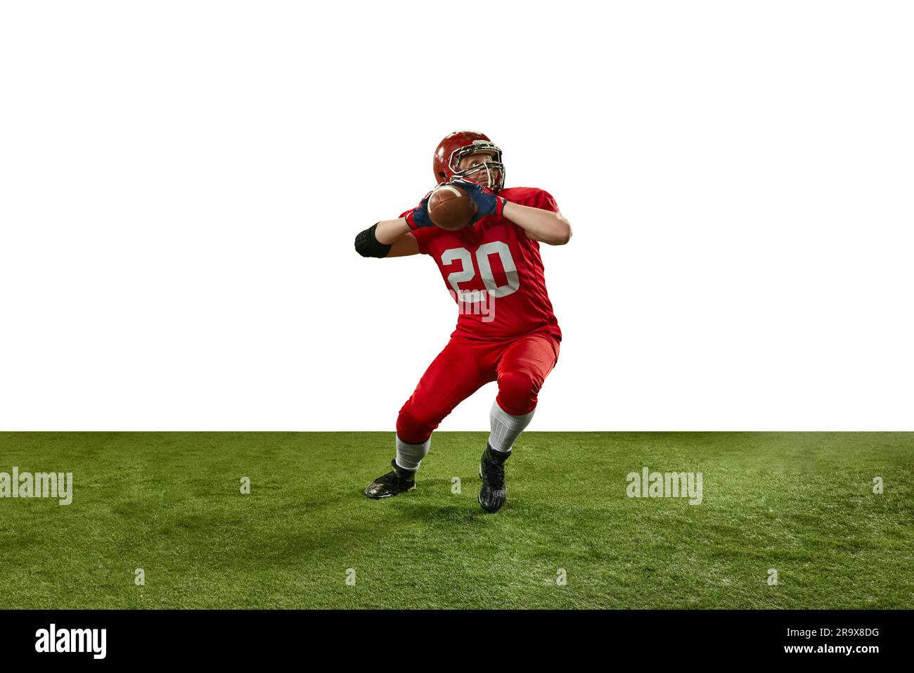 Concentrated man in red uniform, american football player in motion ...