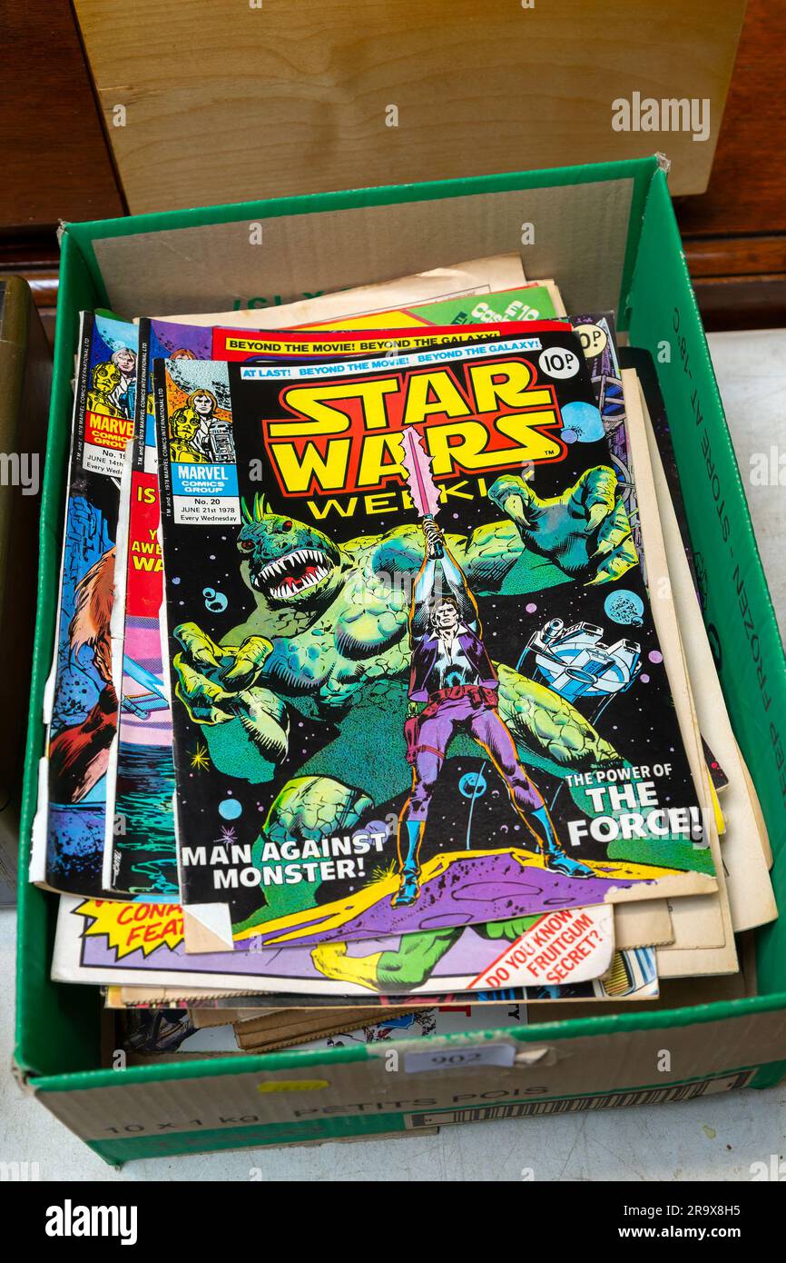 Box of Star Wars Weekly comics on display in auction room, UK Stock ...
