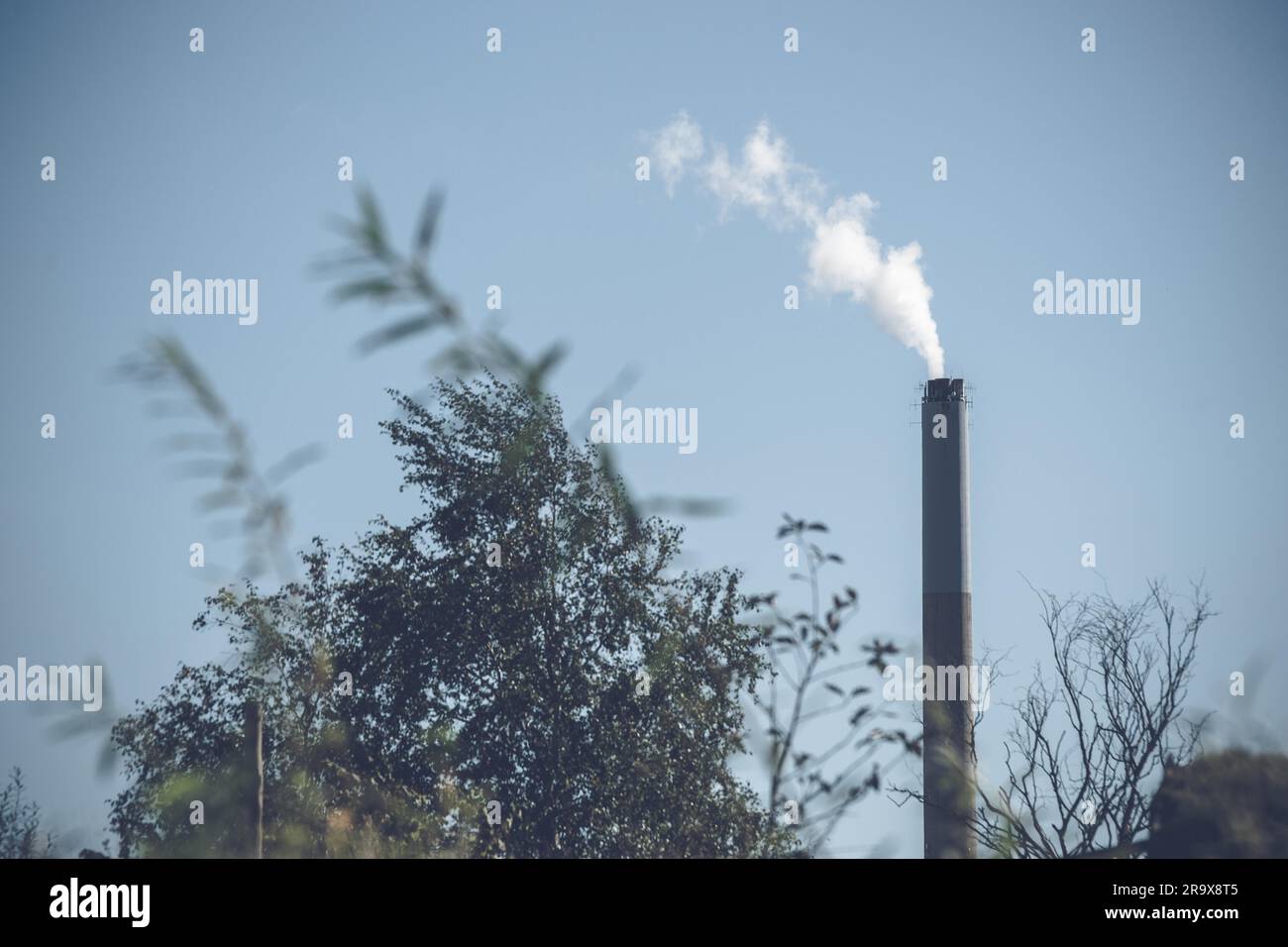 Factory chimney with white smoke in the nature Stock Photo - Alamy
