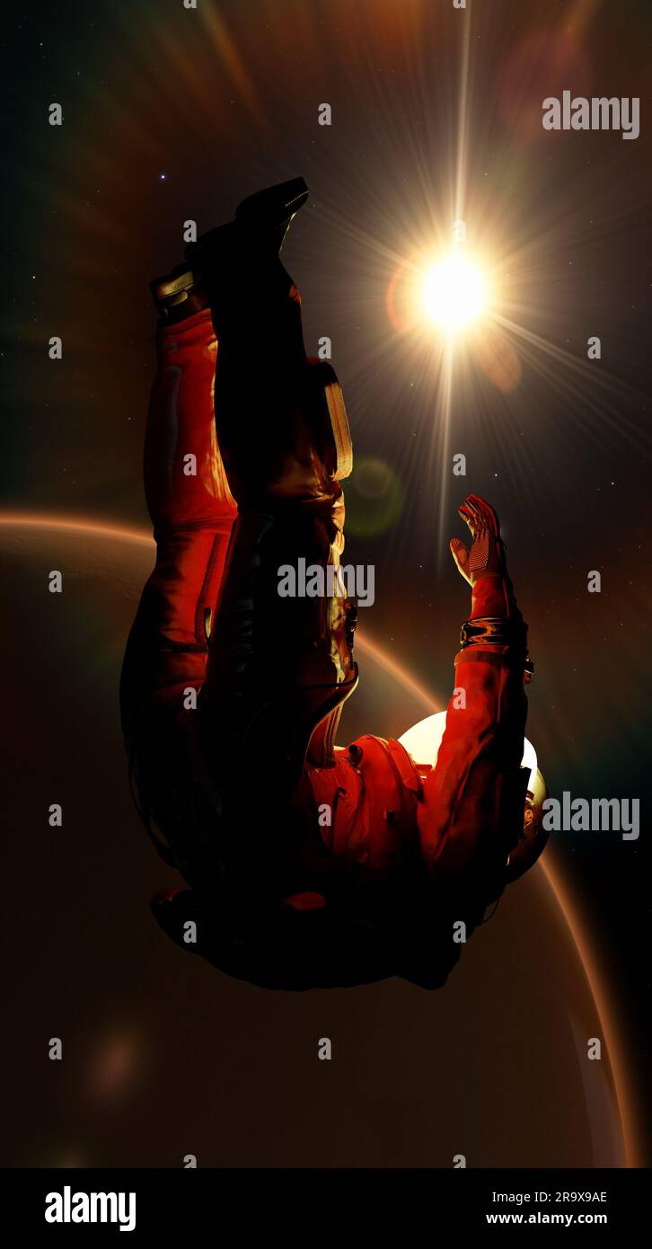 Man astronaut in zero gravity falls into cosmic abyss. Lonely cosmonaut ...