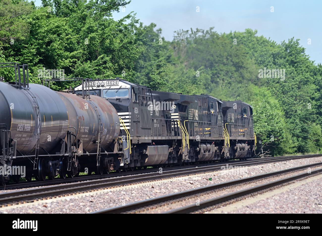 La Fox, Illinois, USA. An Union Pacific Railroad freight train, led by a trio of off-road ...
