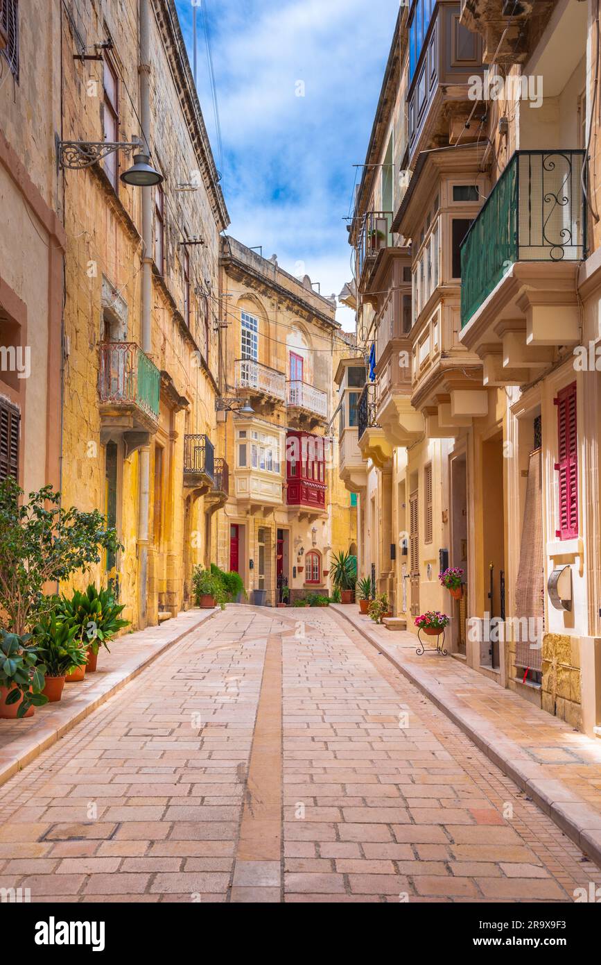 A view of old Mdina street with a traditional Maltese style openwork ...
