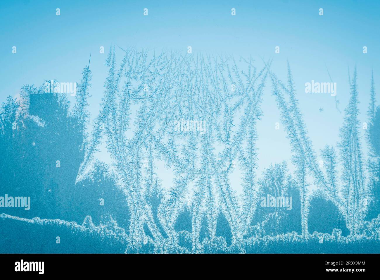 Abstract frost on a window in the winter in cyan colors and frosty ...