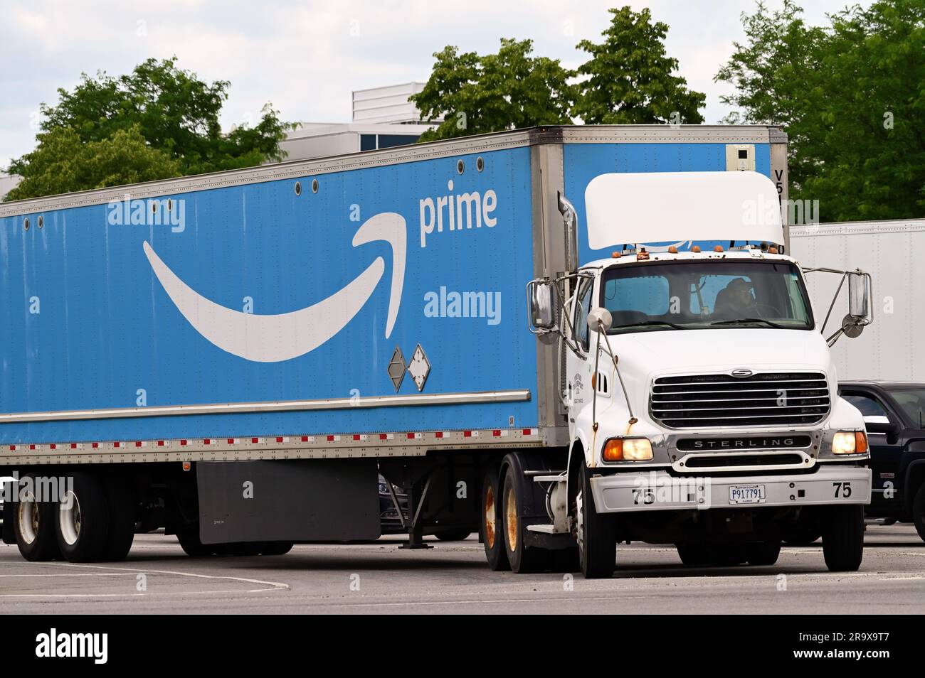 Schiller Park, Illinois, USA. Semi truck making a turn onto a highway ...