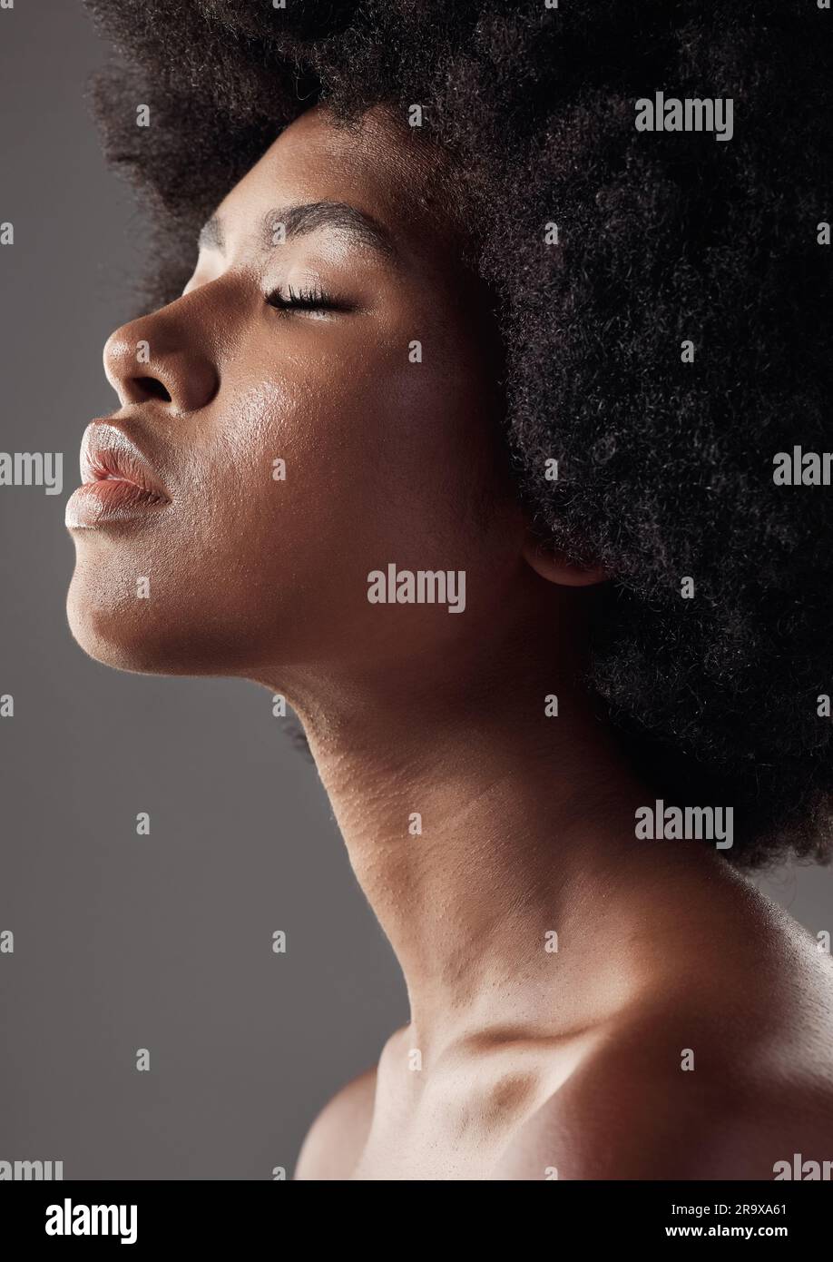 Natural hair care, profile and black woman with afro hairstyle, beauty ...