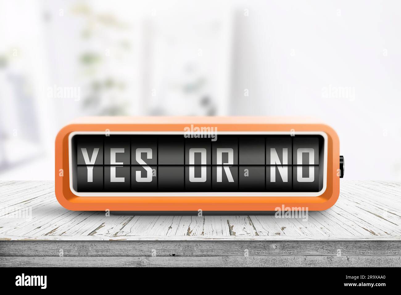 Yes or no message on a retro device in a bright room with a wooden desk ...