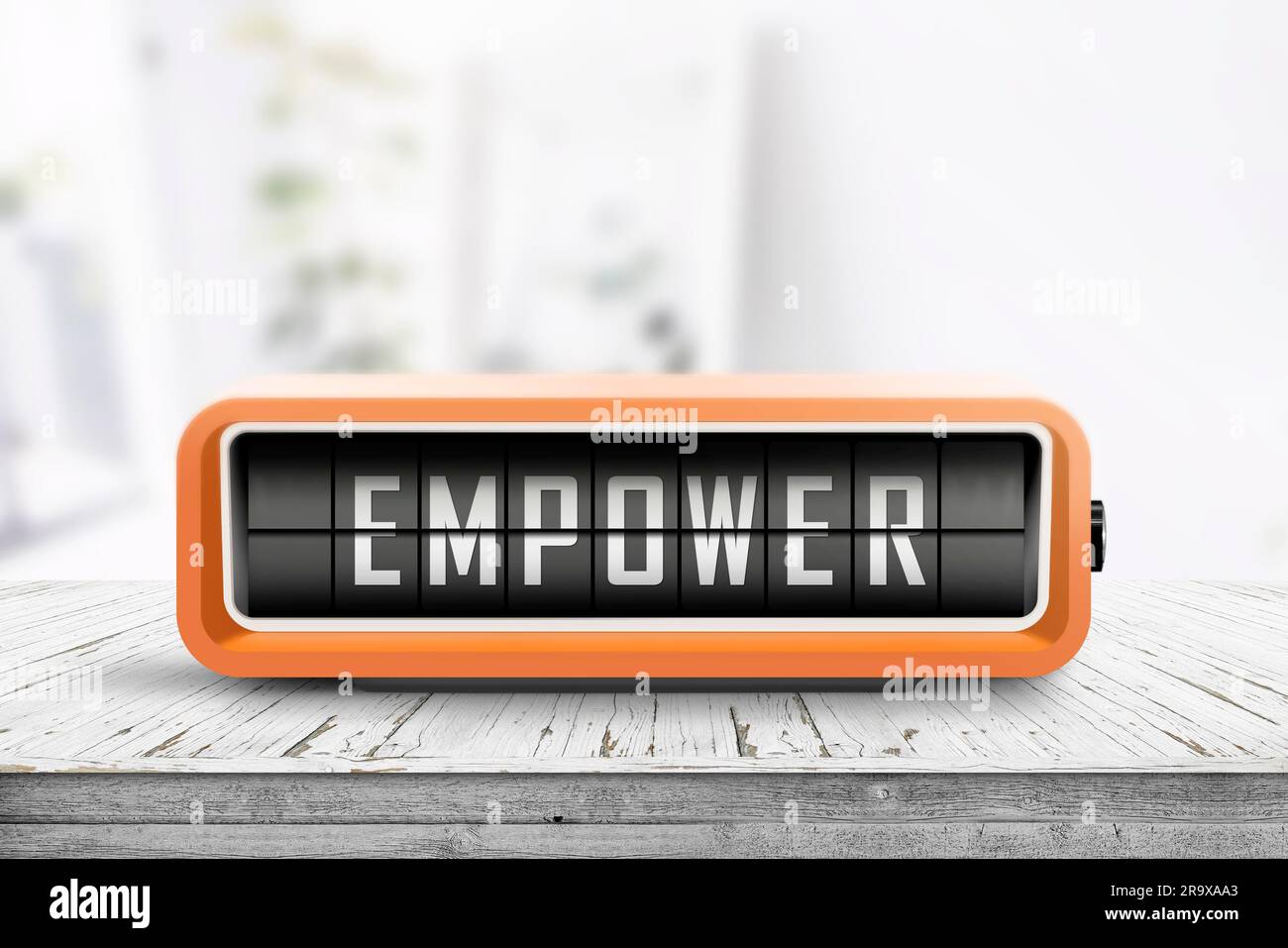 Empower message sign on a wooden desk with an orange retro device Stock ...