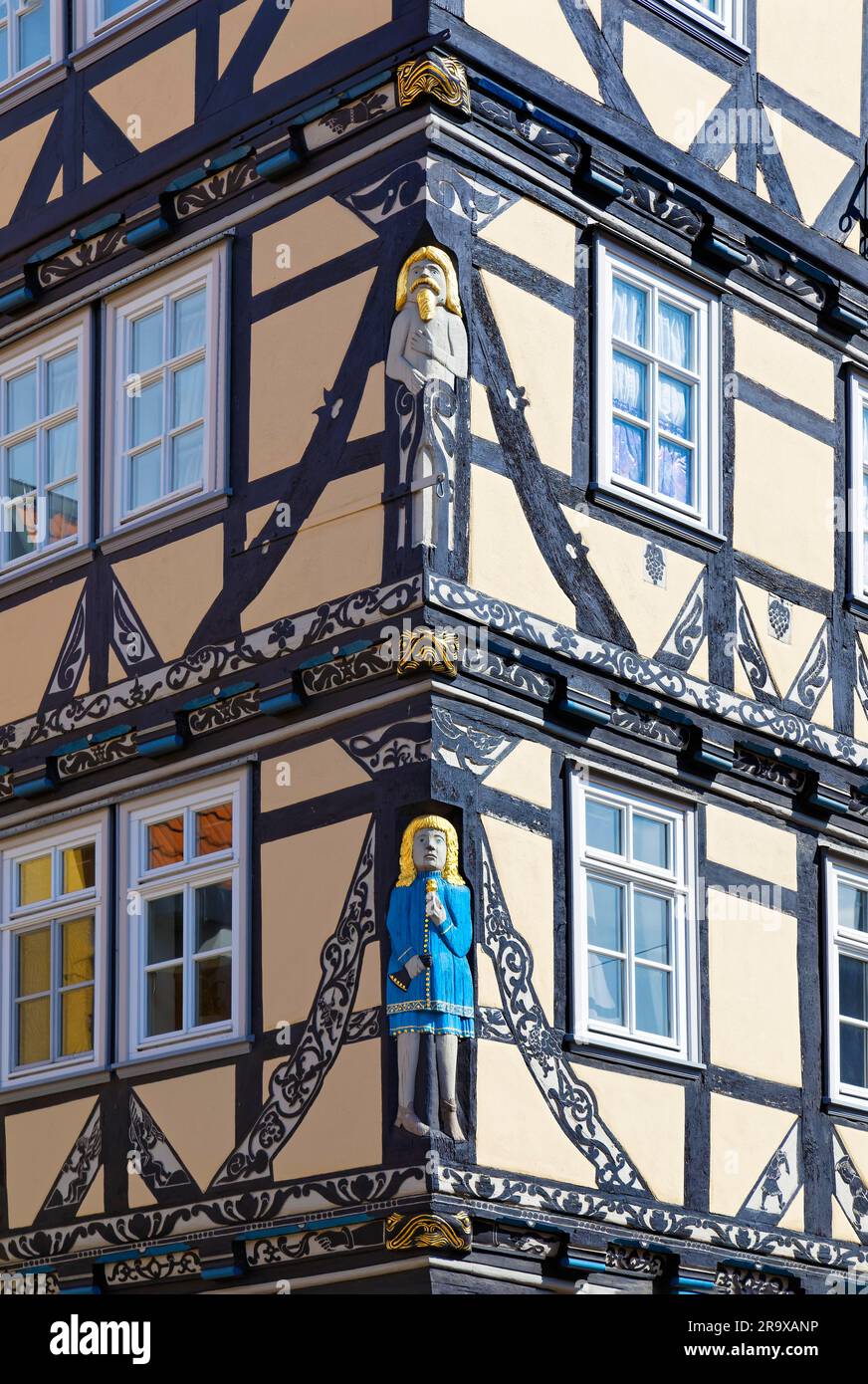 Detail of magnificent half-timbered house with ornate wood carving ...