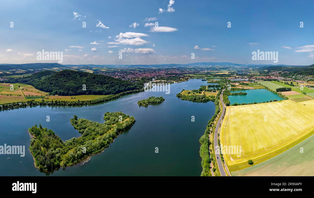 Aerial view, Werratalsse with island, in the back district town ...