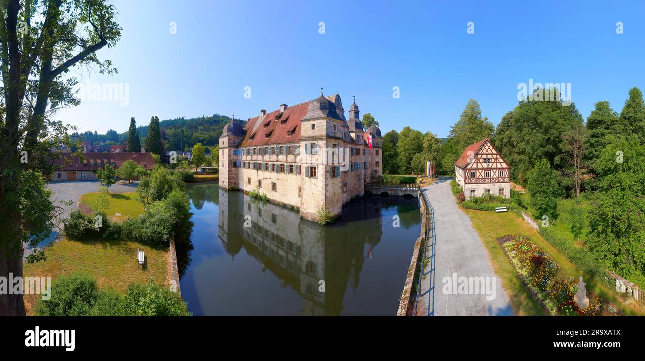 Aerial view from the northeast, Mitwitz moated castle with stone bridge ...