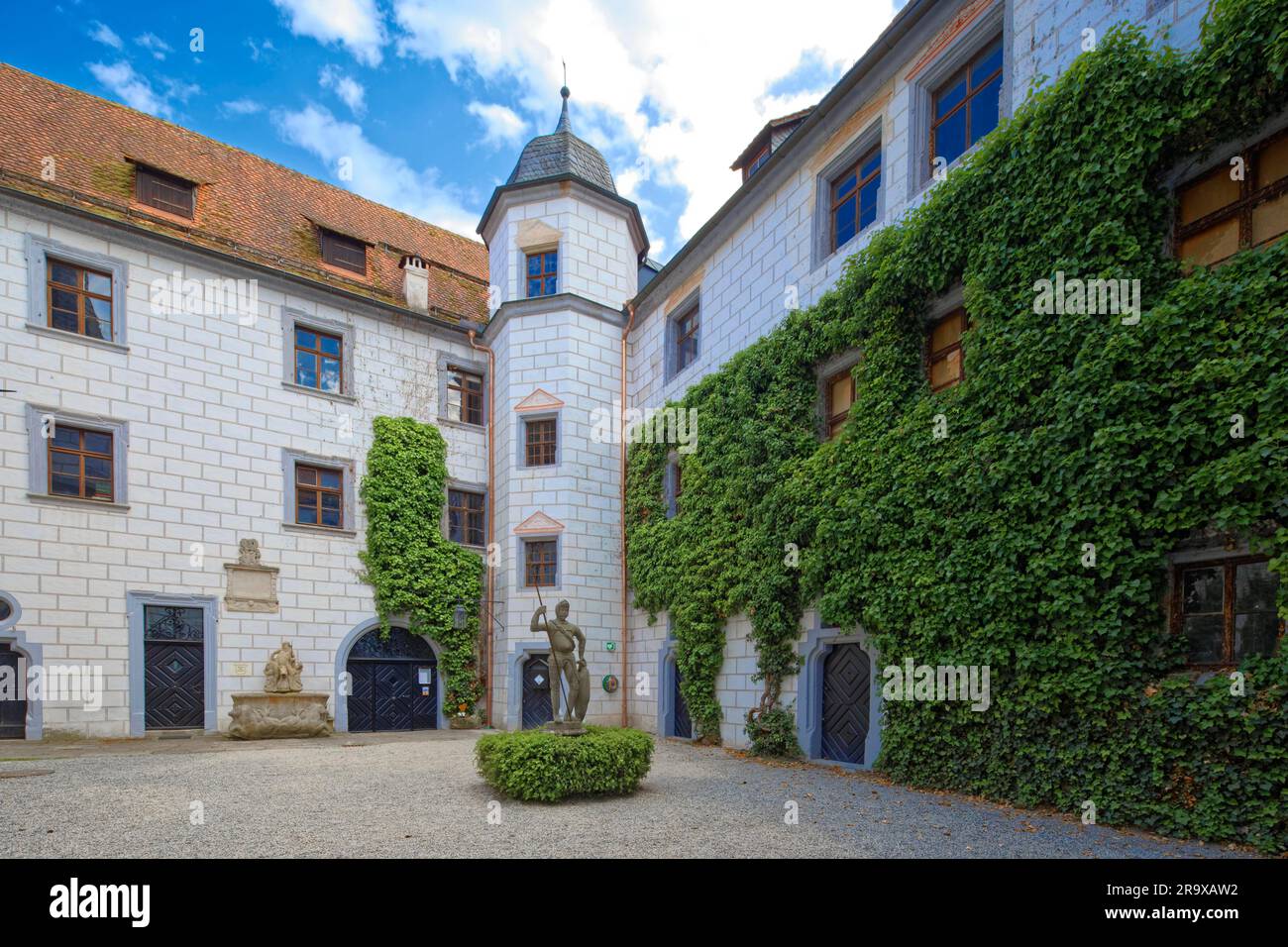 Inner courtyard of Mitwitz moated castle with Neptune fountain and ...