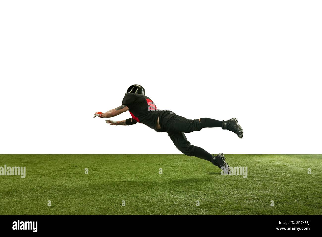 Dynamic image of man in black uniform and helmet, american football ...