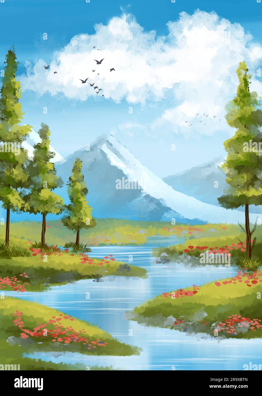 hand painted sunny landscape with mountains in the background in an impressionist style Stock ...