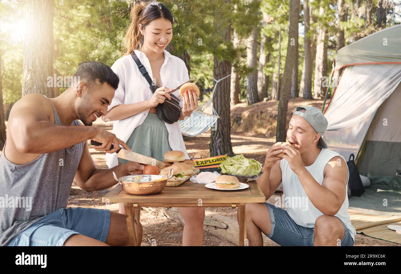 Friends, camping and lunch with young people in the forest for travel ...