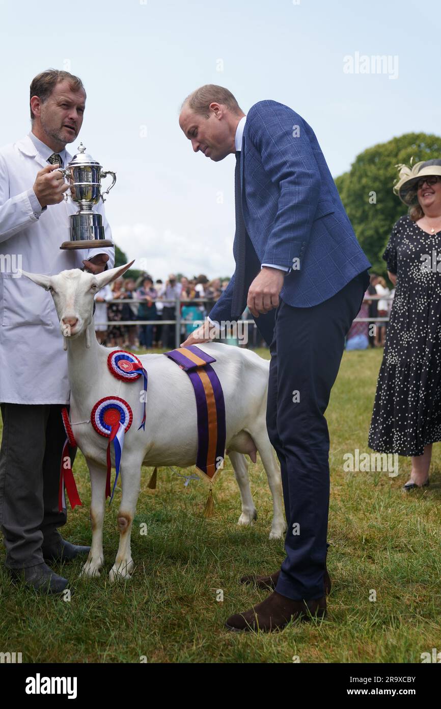 The Prince of Wales presents the Queen's trophy to a goat called Teion ...