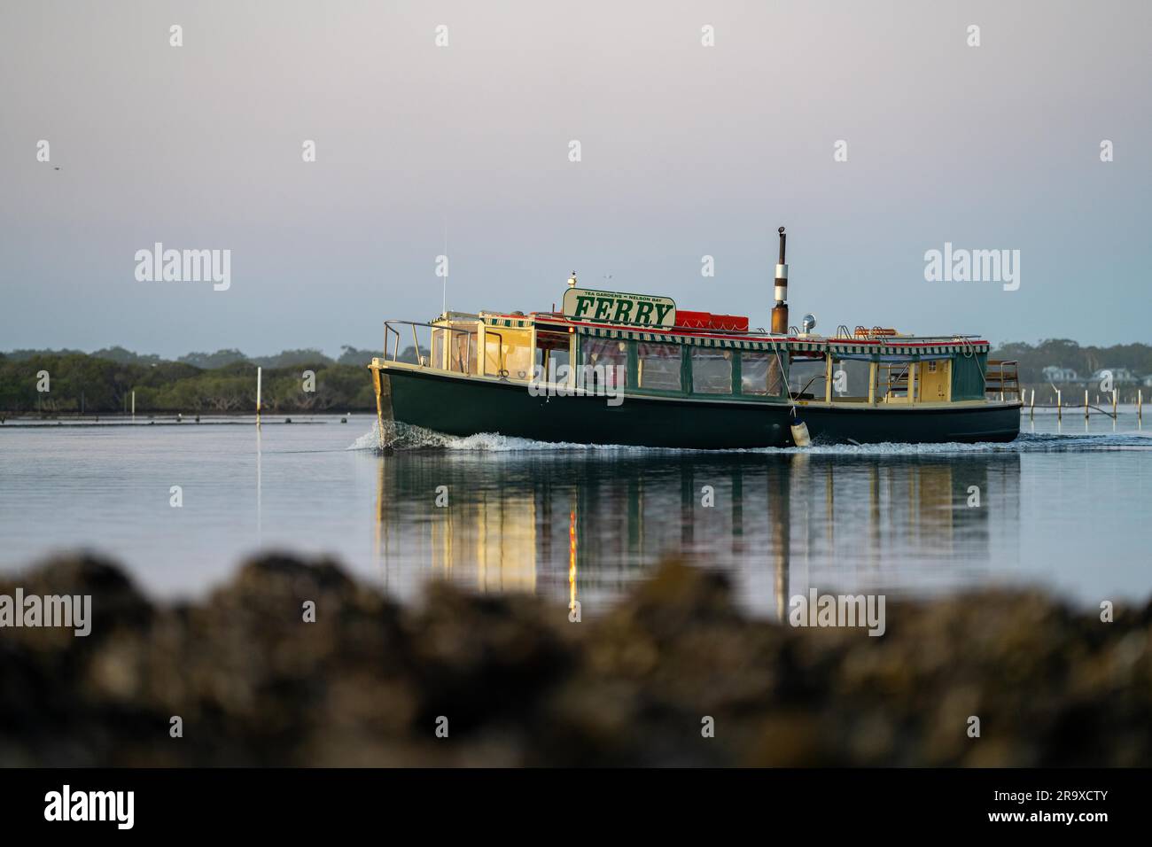 wooden ferry boat on a river crossing at sunset in australia at dusk ...