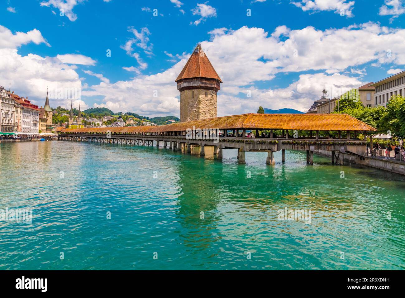 Picturesque view of Lucerne's landmark and symbol, the famous covered ...