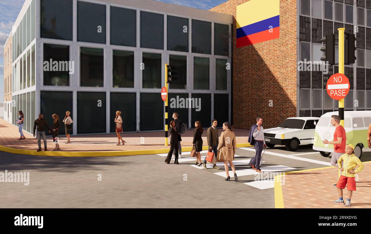 3D render of a diverse group of people walking along a modern city ...
