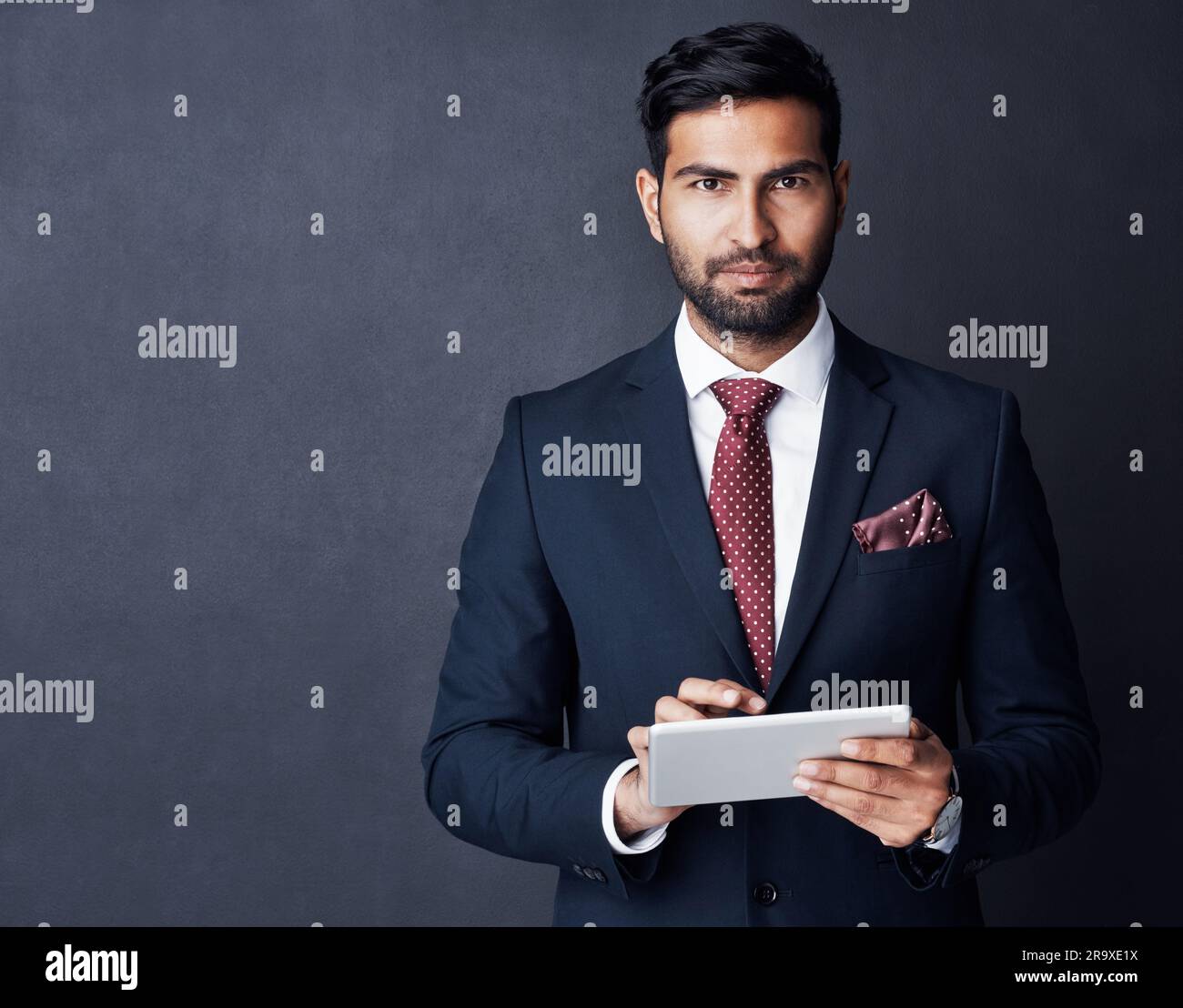 Portrait, businessman or tablet in studio, mockup space or background ...