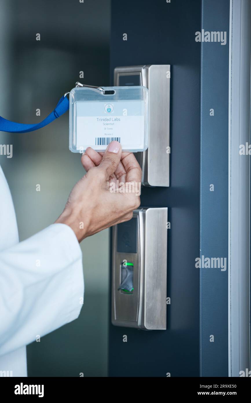 Key card, hand and scan on security door for entrance, access control ...