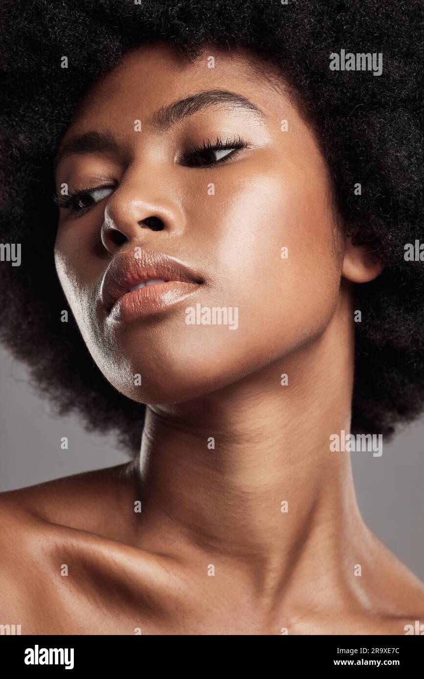 Face, black woman and natural beauty in studio, background or ...