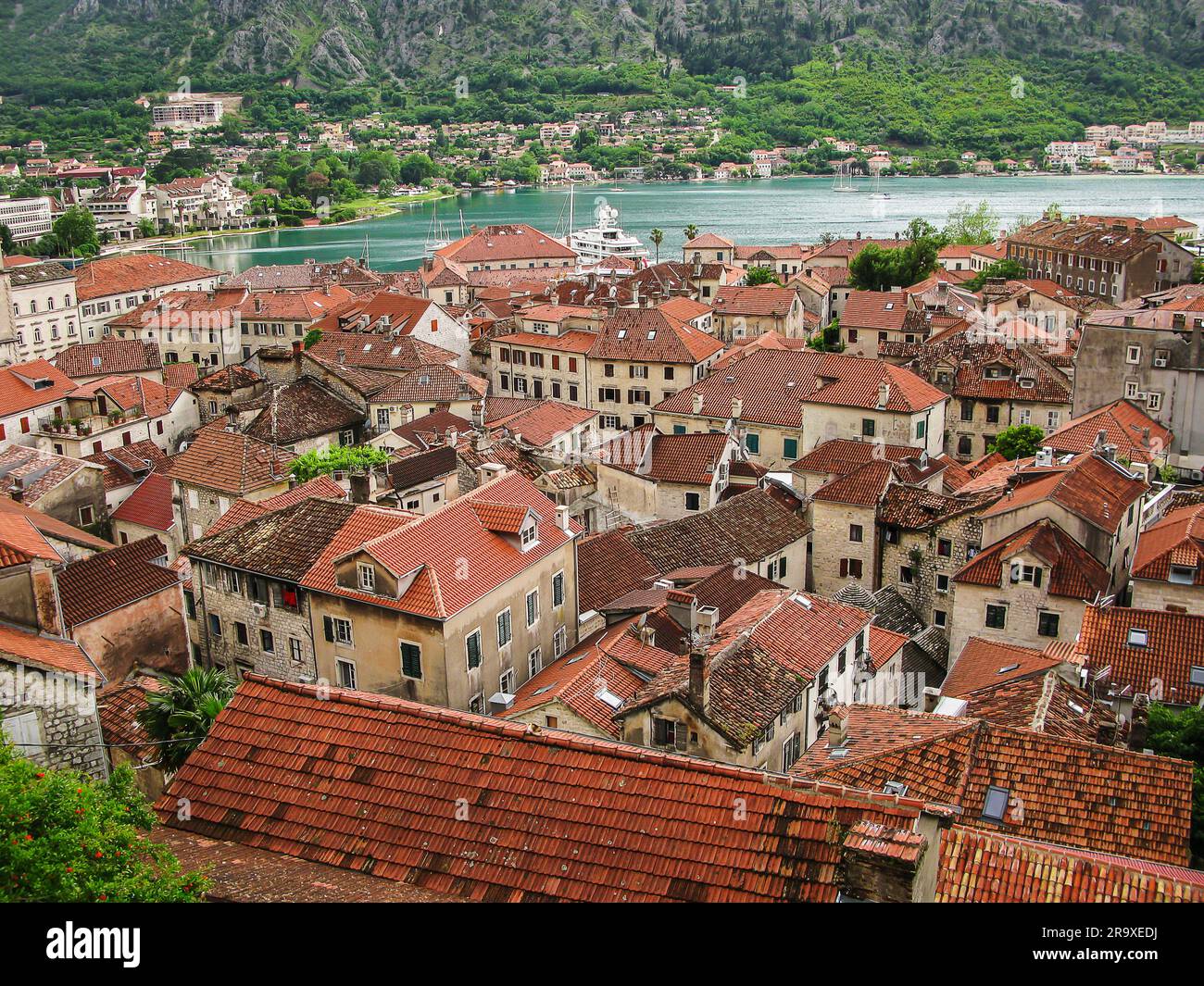 view of Kotor old town area from the path to Castle Of San Giovanni ...