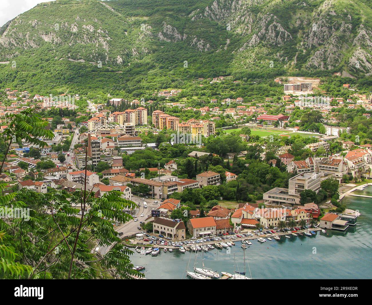view of bay of Kotor and Dobrota area of Kotor city from the path to ...