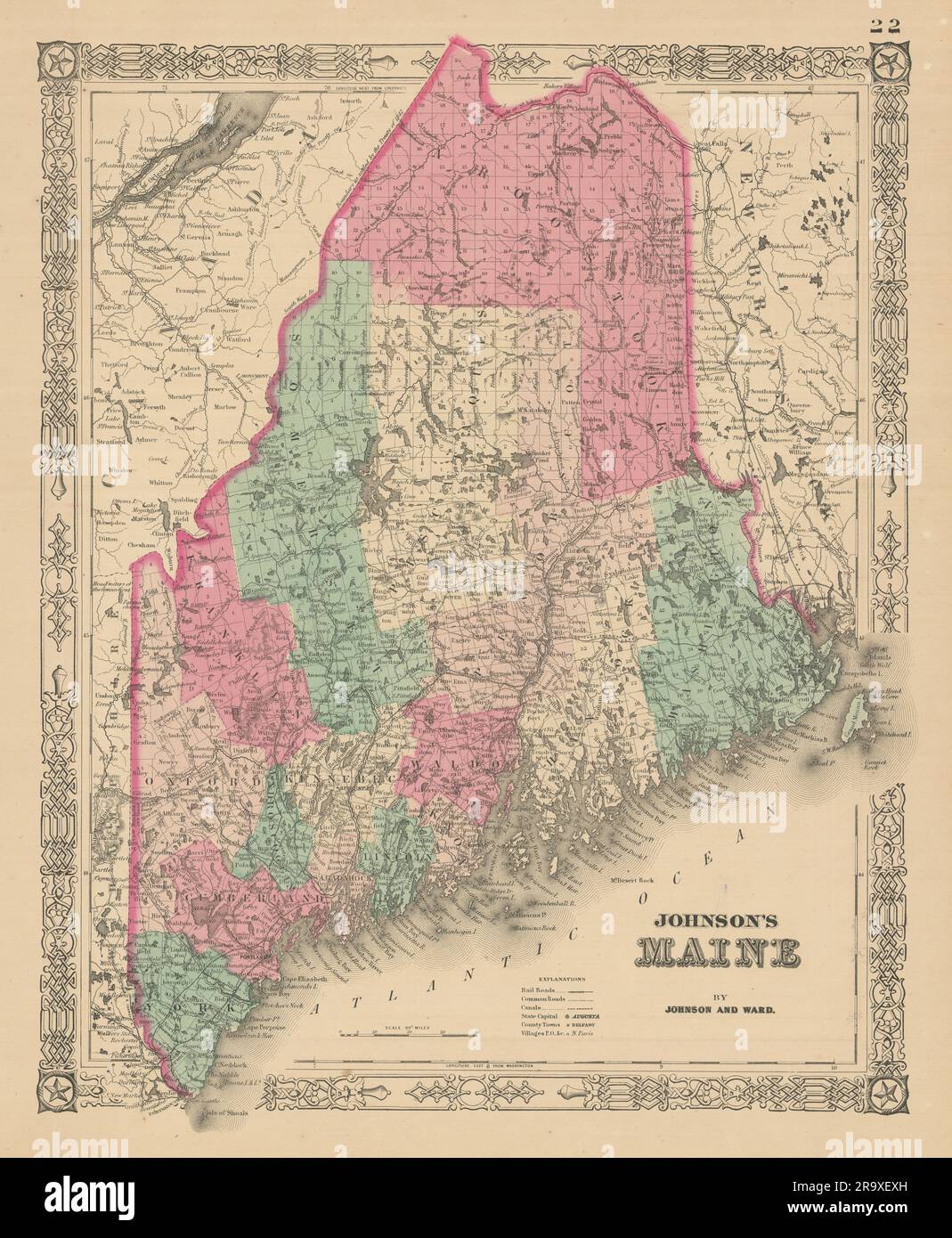 Johnson's Maine. US State map showing counties 1866 old antique plan ...