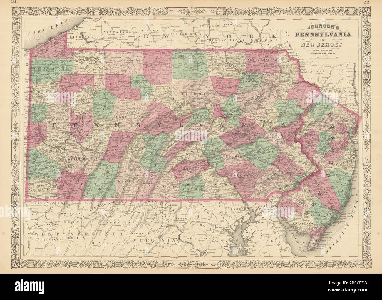 Johnson's Pennsylvania and New Jersey. US state map showing counties ...