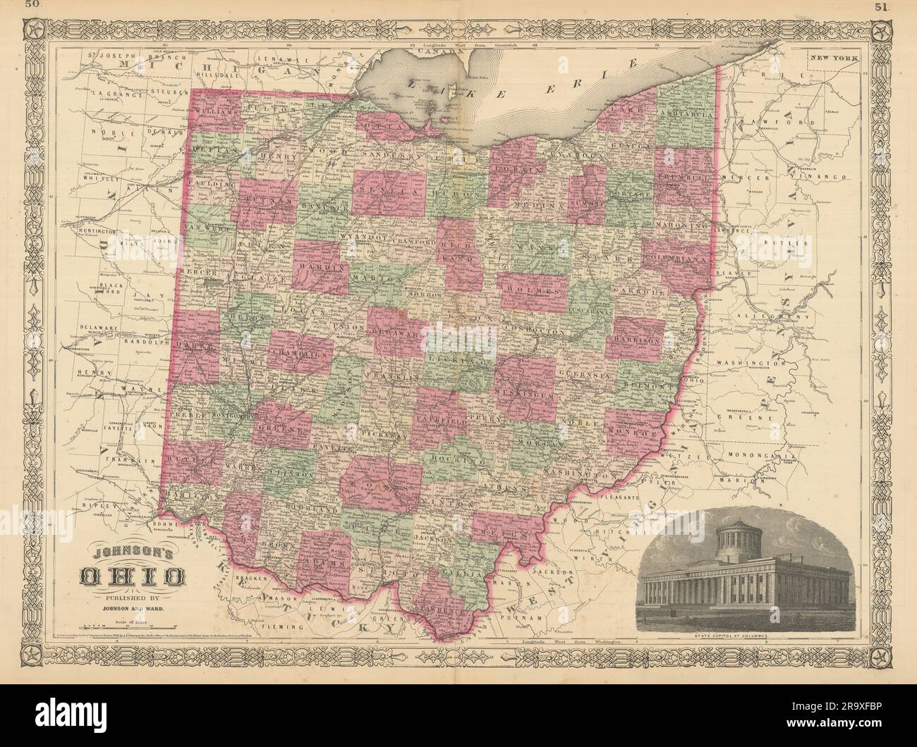 Johnson's Ohio. US state map showing counties 1866 old antique plan ...