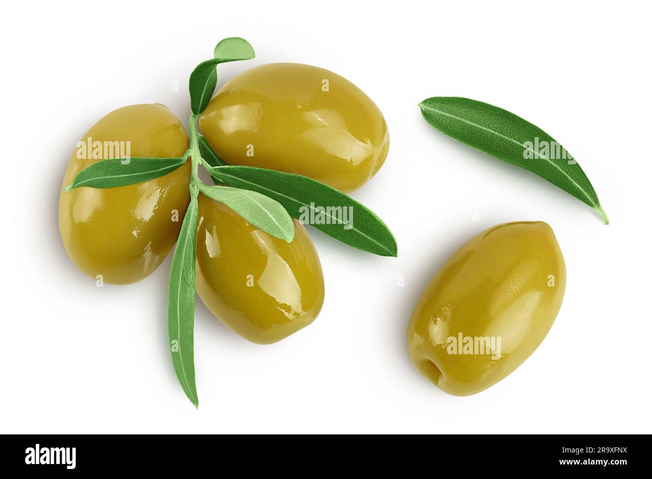 Green olives with leaves isolated on a white background with full depth ...