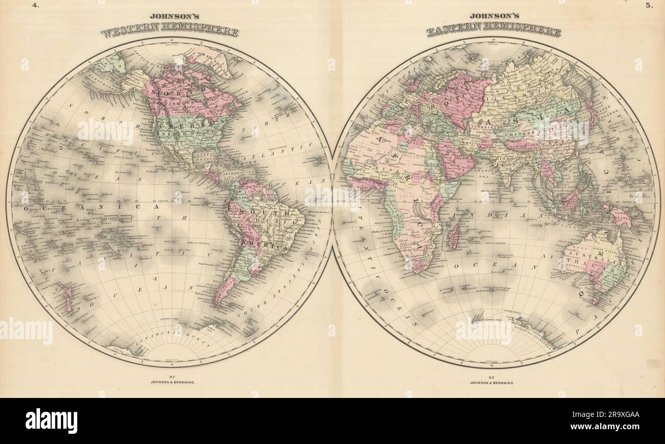 Johnson's Western & Eastern Hemispheres. World 1861 old antique map ...