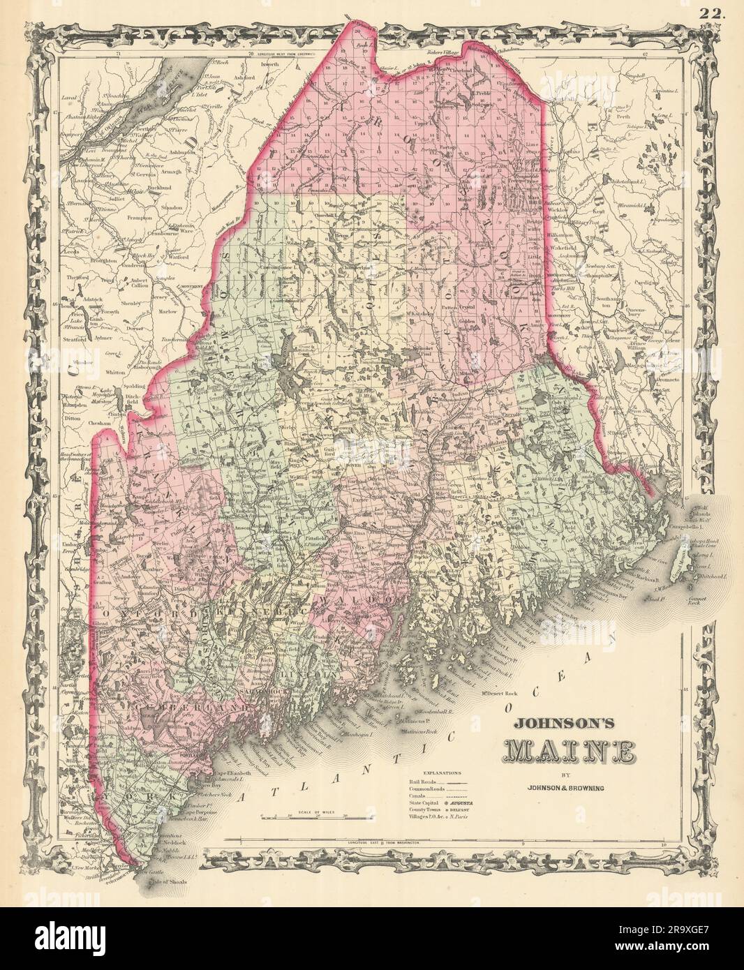 Johnson's Maine. US State map showing counties. New England 1861 old ...
