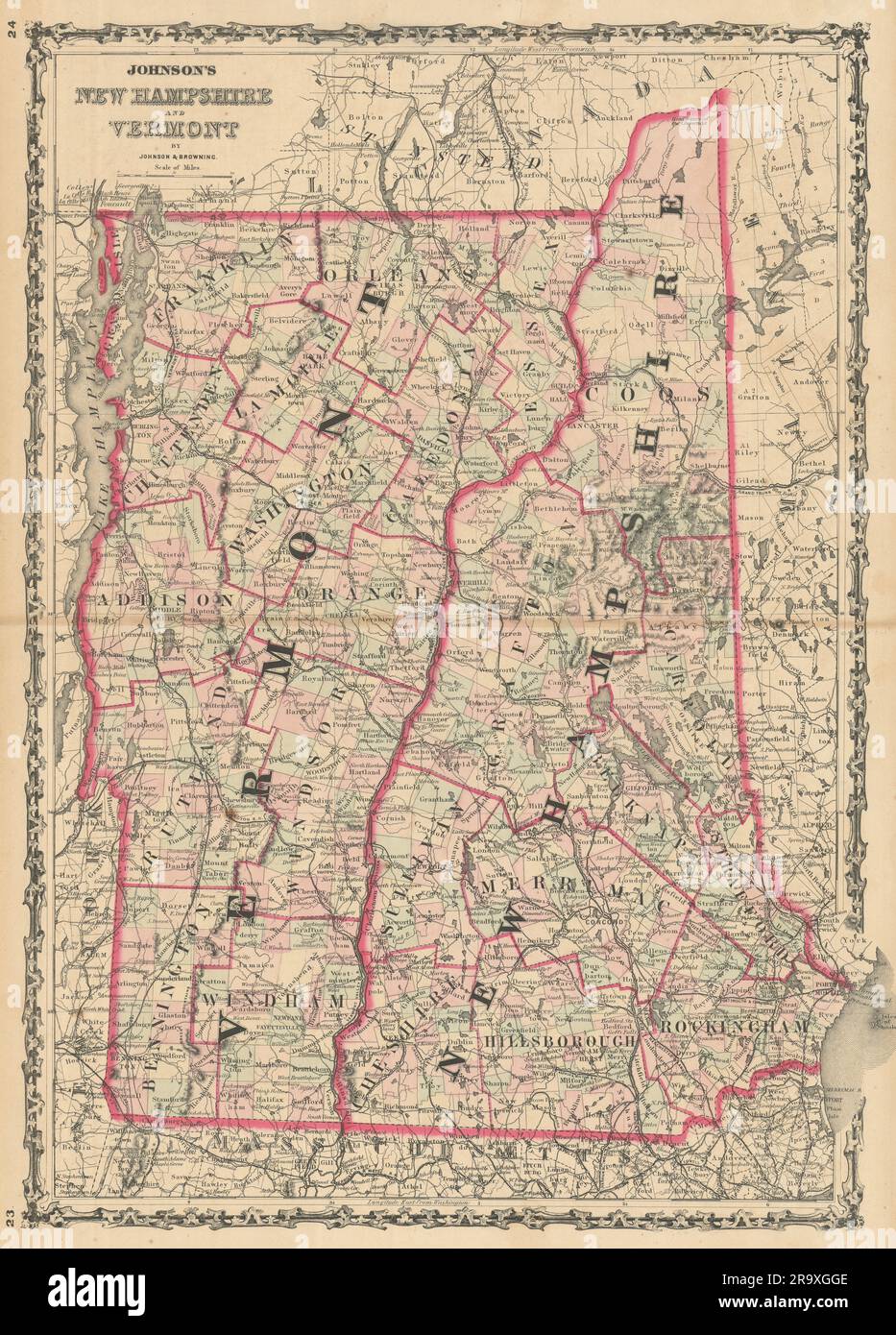 Johnson's New Hampshire & Vermont. US State map showing counties 1861 ...