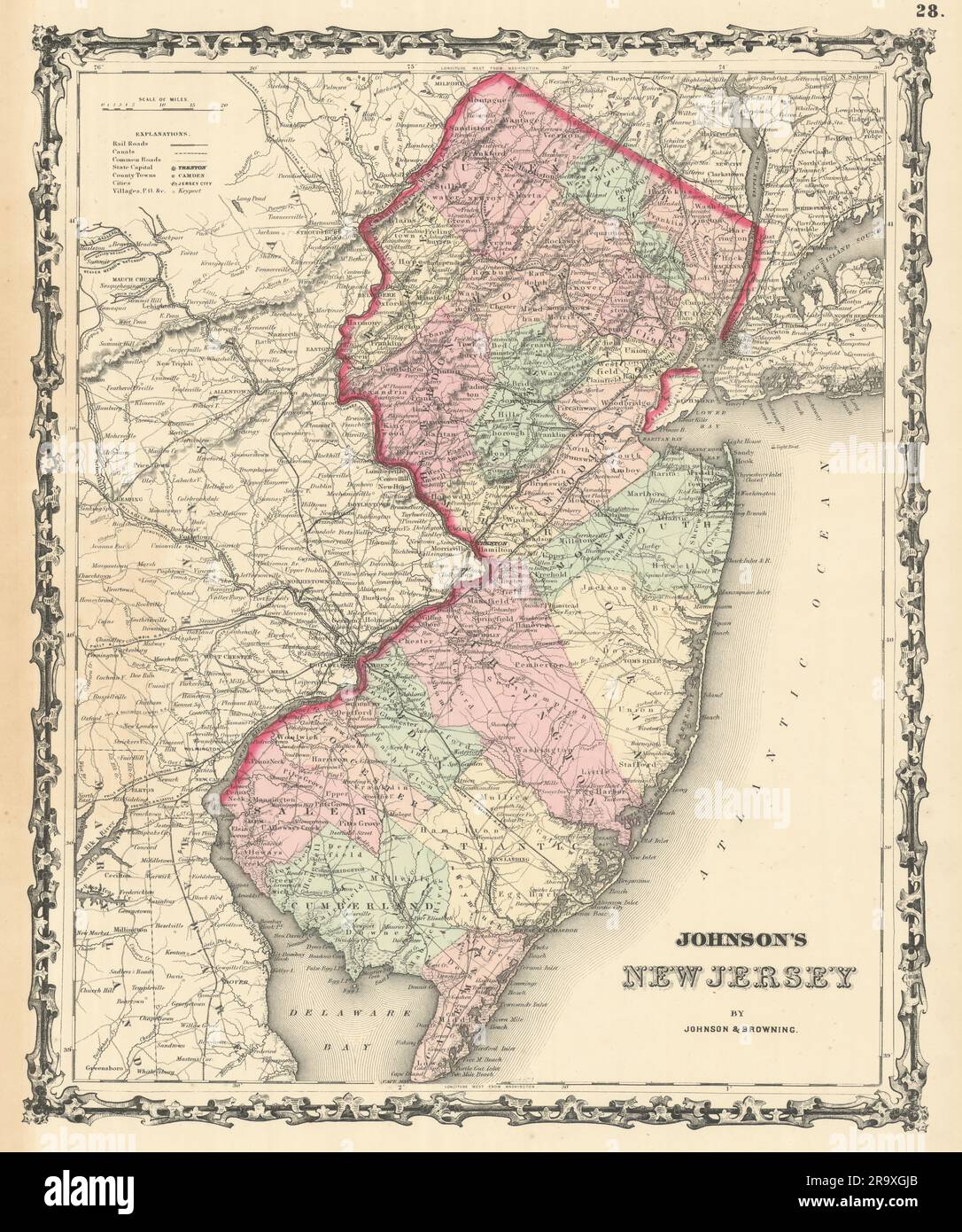Johnson's New Jersey. US State map showing counties 1861 old antique ...