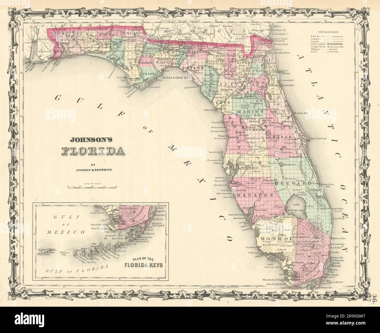 Johnson's Florida. Florida Keys. US state map showing counties 1861 old ...