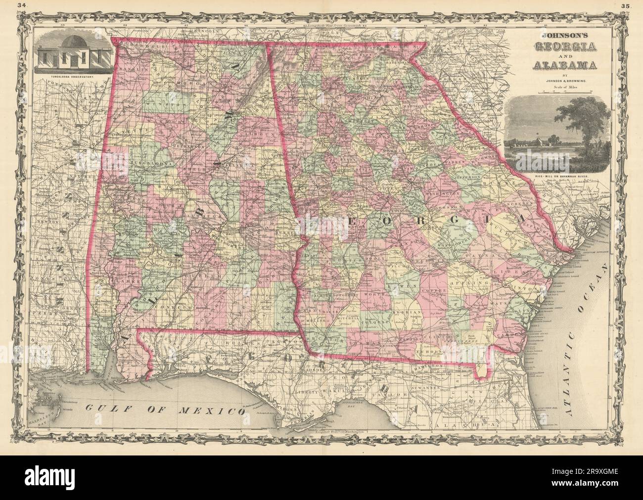 Johnson's Georgia & Alabama. US state map showing counties 1861 old ...